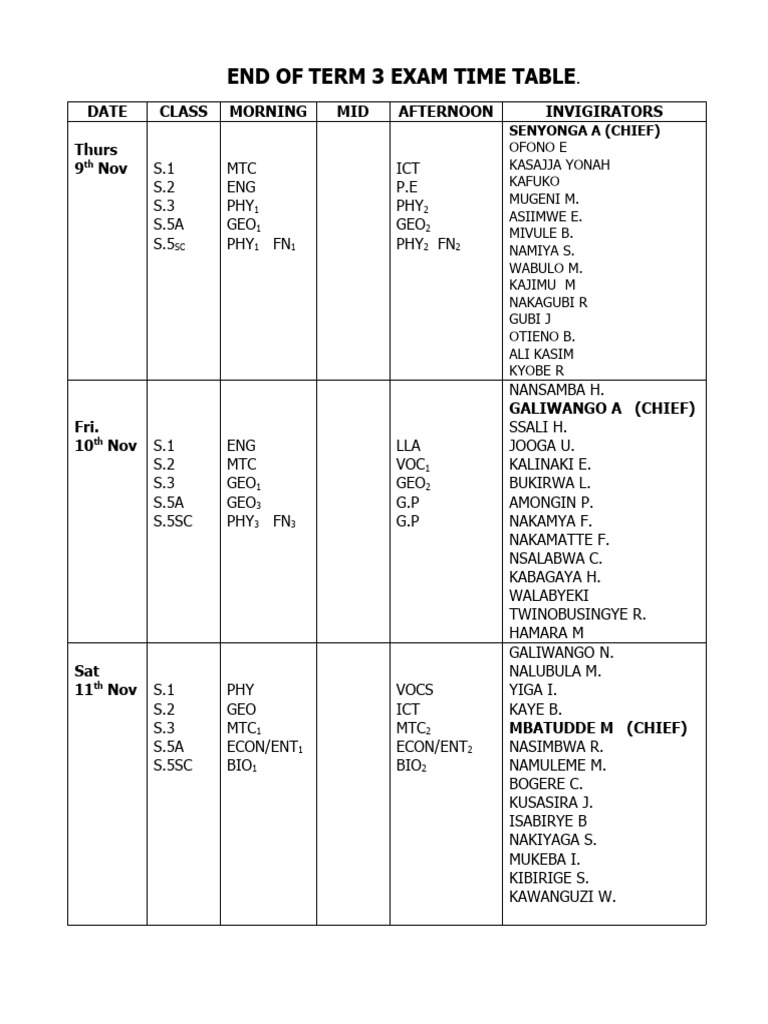 End of Term 3 Exam Time Table | PDF