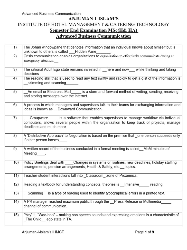 Advanced Business Communication - MCQ For TEAMS | PDF | Communication ...