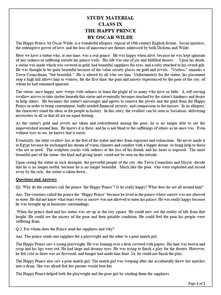 Study Material On The HAPPY PRINCE For Class IX 2020-21 | PDF | The ...