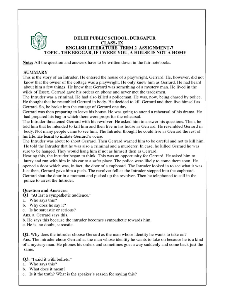 Class 9 Assignment If I Were You The Beggar House Is Not A Home | PDF | Mystery, Thriller ...