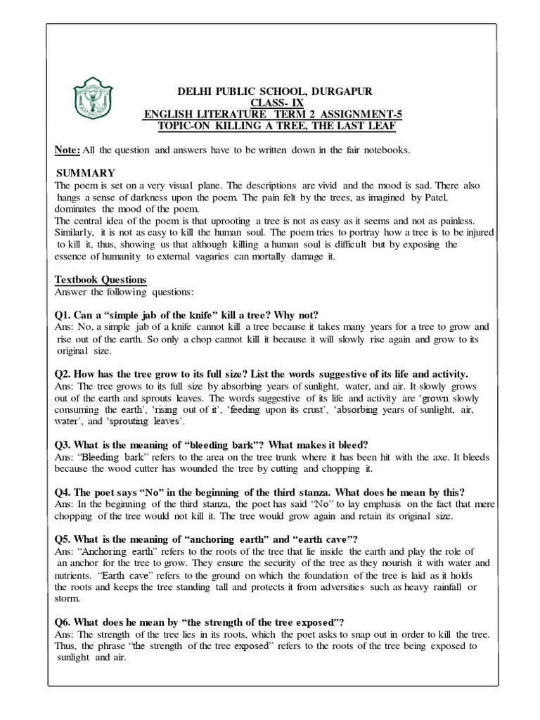 Class 9 Assignment Killing of A Tree The Last Leaf | Download Free PDF | Trees