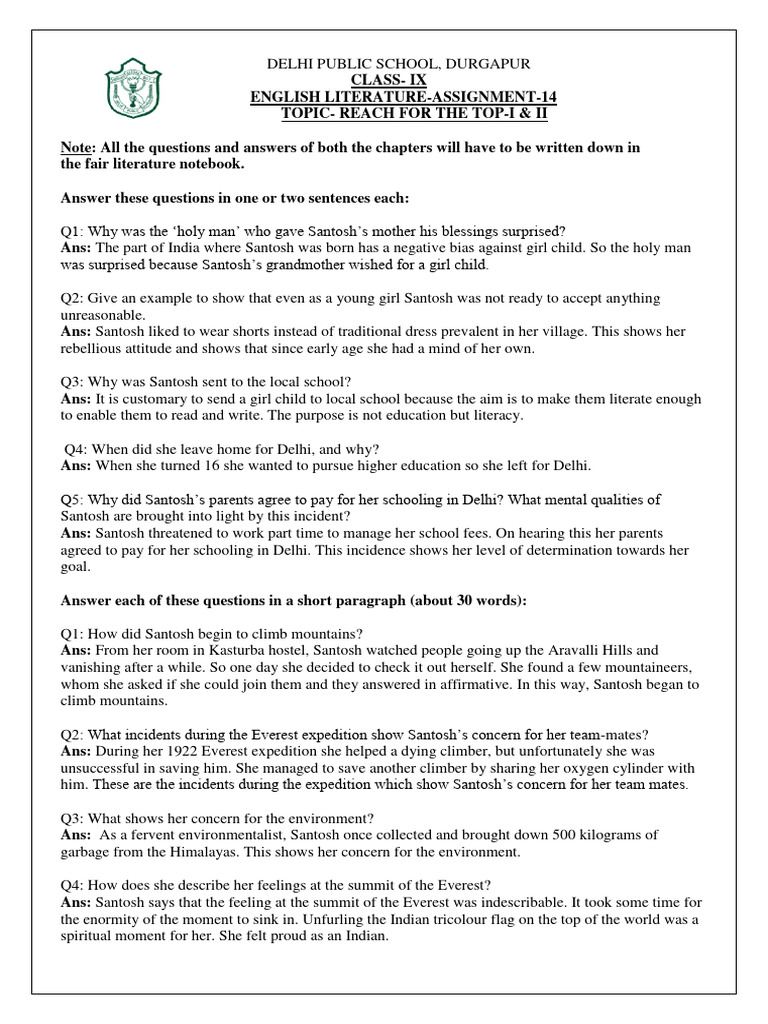 Class 9 English Assignment-14 | PDF | Mount Everest