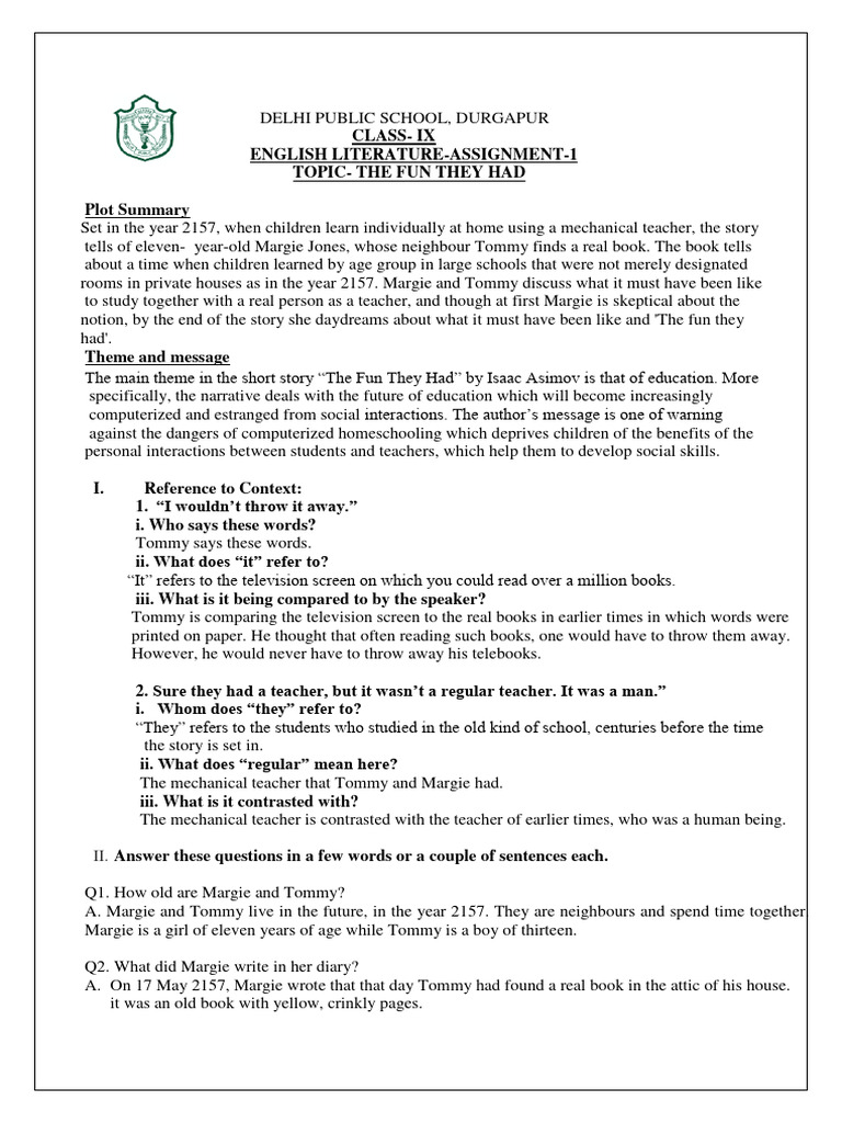 Assignment1 the Fun They Had & Verb Forms | PDF | Teachers | Learning Assignment1 the Fun They Had & Verb Forms | PDF | Teachers | Learning