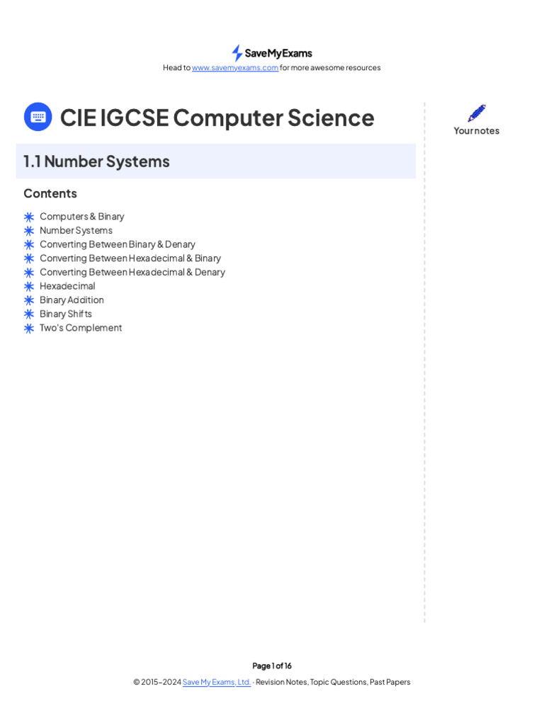 CIE IGCSE Computer Science: 1.1 Number Systems | PDF | Decimal ...