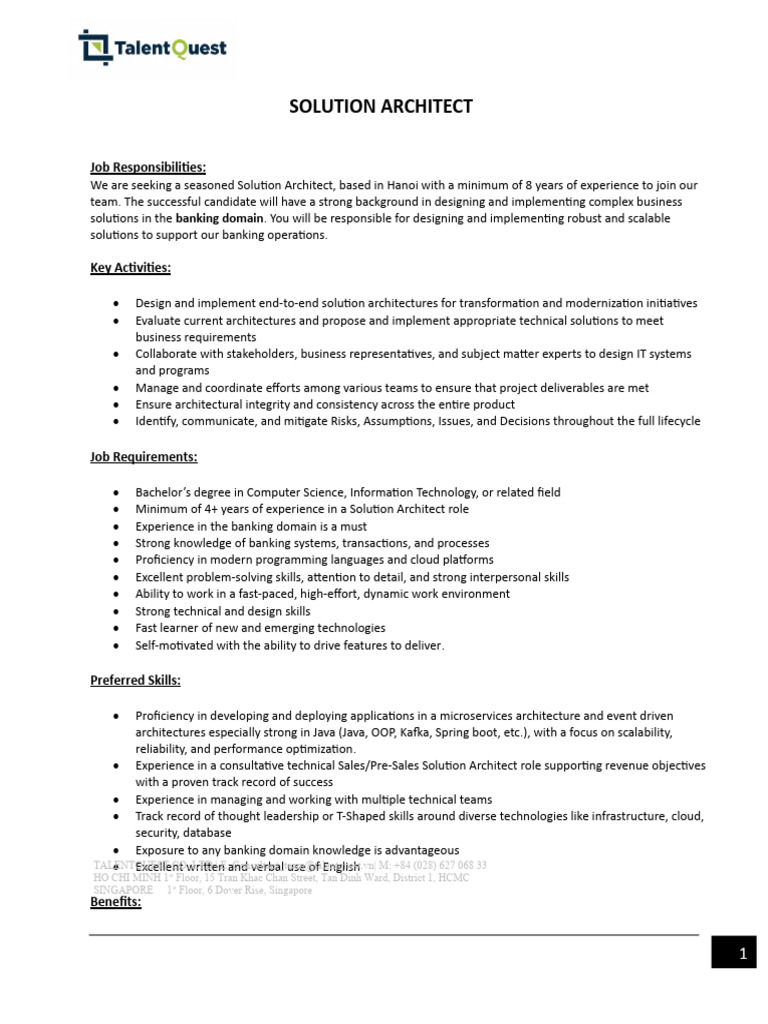 JD Solution Architect - TalentQuest' Client | PDF | Architect | Ho Chi Minh City