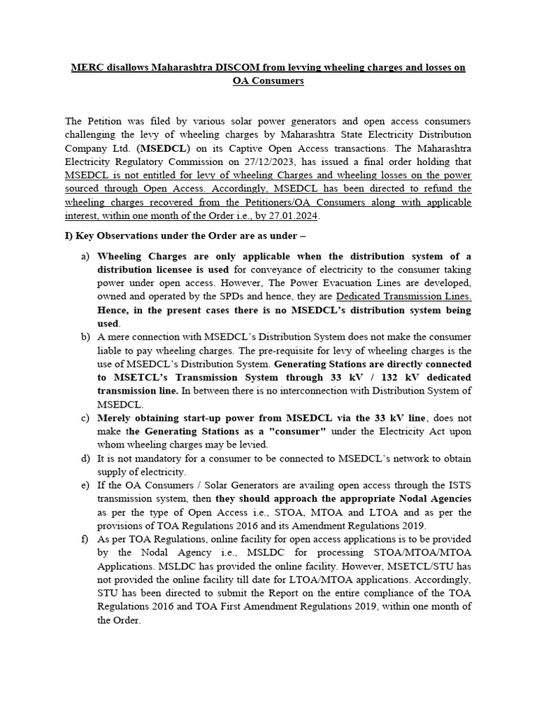 Regulatory Brief - MERC Wheeling Charges | PDF | Open Access | Electric Power Transmission