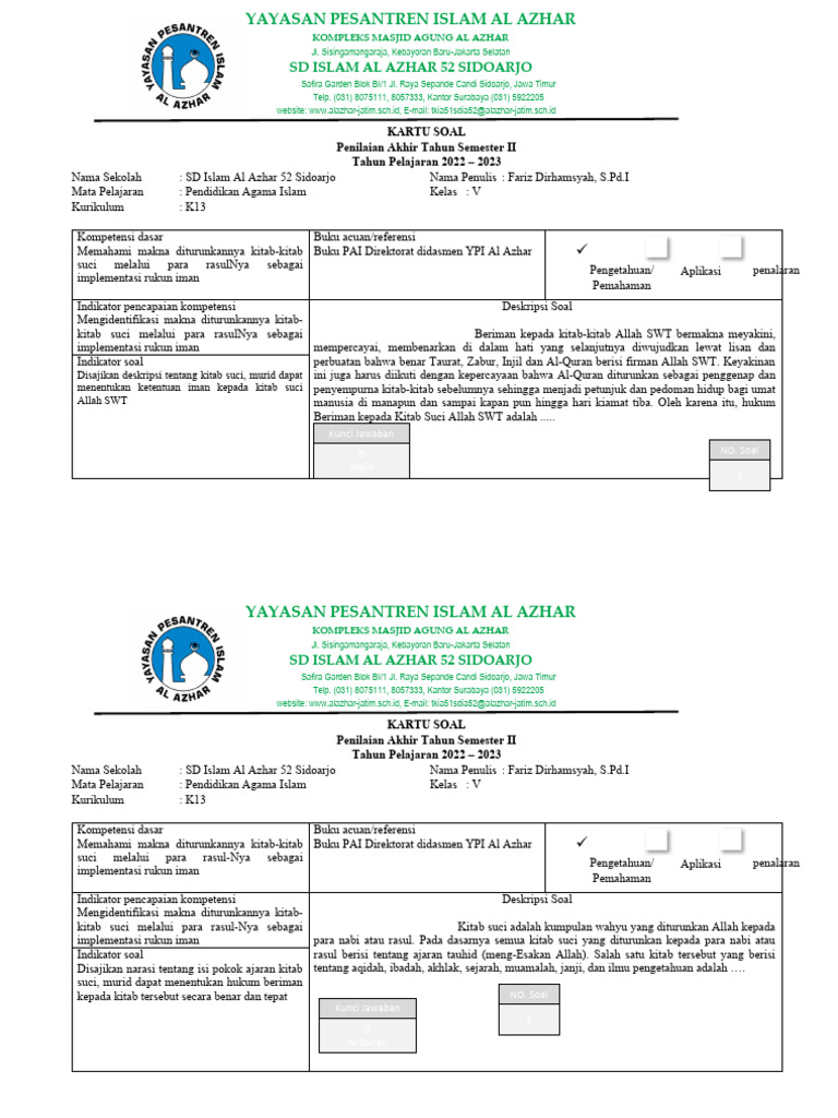 Kartu Soal Pat Pai Kelas 5 - 2023 | PDF