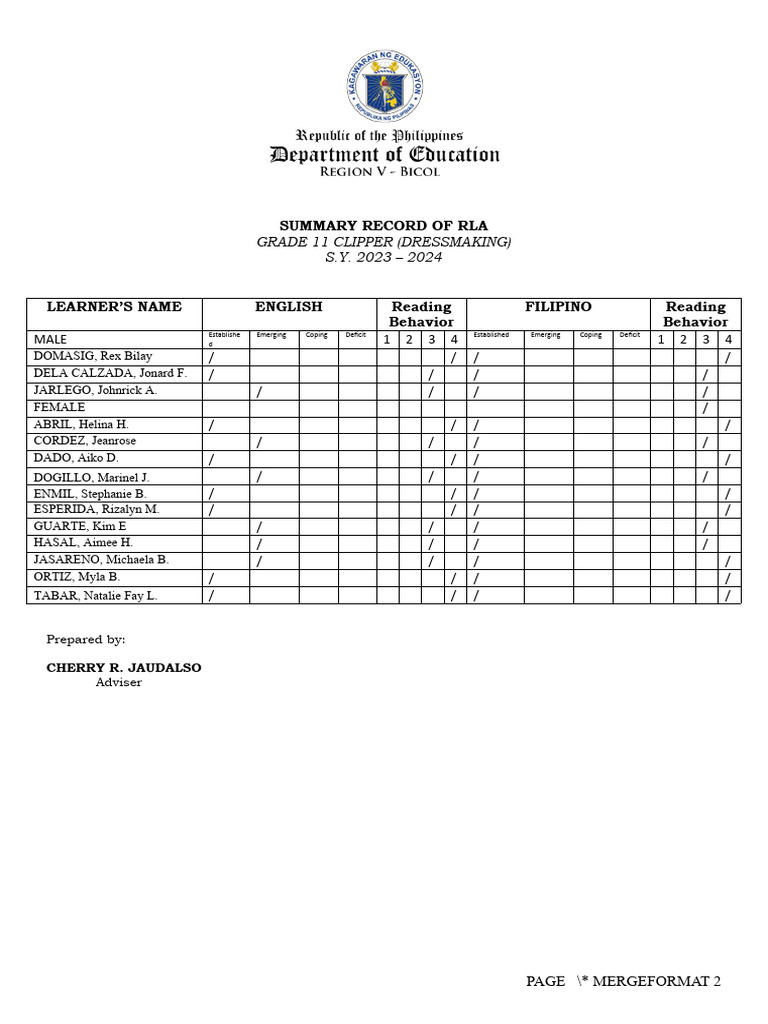 RLA Summary Record Sheet G11 Clipper DM 23 24 | PDF