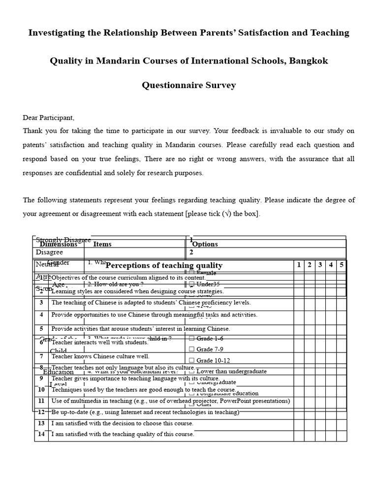 Questionnaire Survey Parents Satisfaction | PDF | Teachers | Behavior Modification
