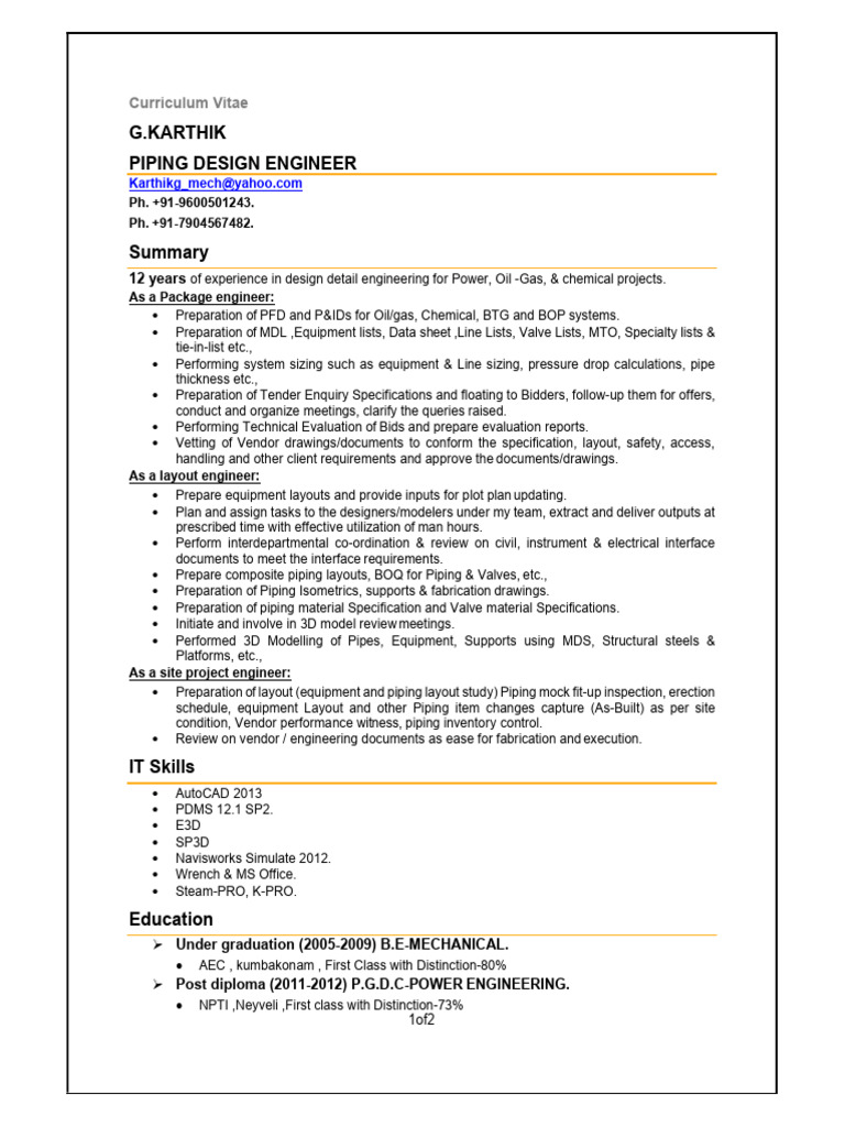 g.karthik Piping Engineer Cv | PDF | Specification (Technical Standard) | Engineering