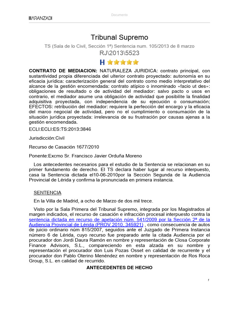 Jur - TS (Sala de Lo Civil, Seccion 1a) Sentencia Num. 105-2013 de 8 Marzo - RJ - 2013 - 5523 ...