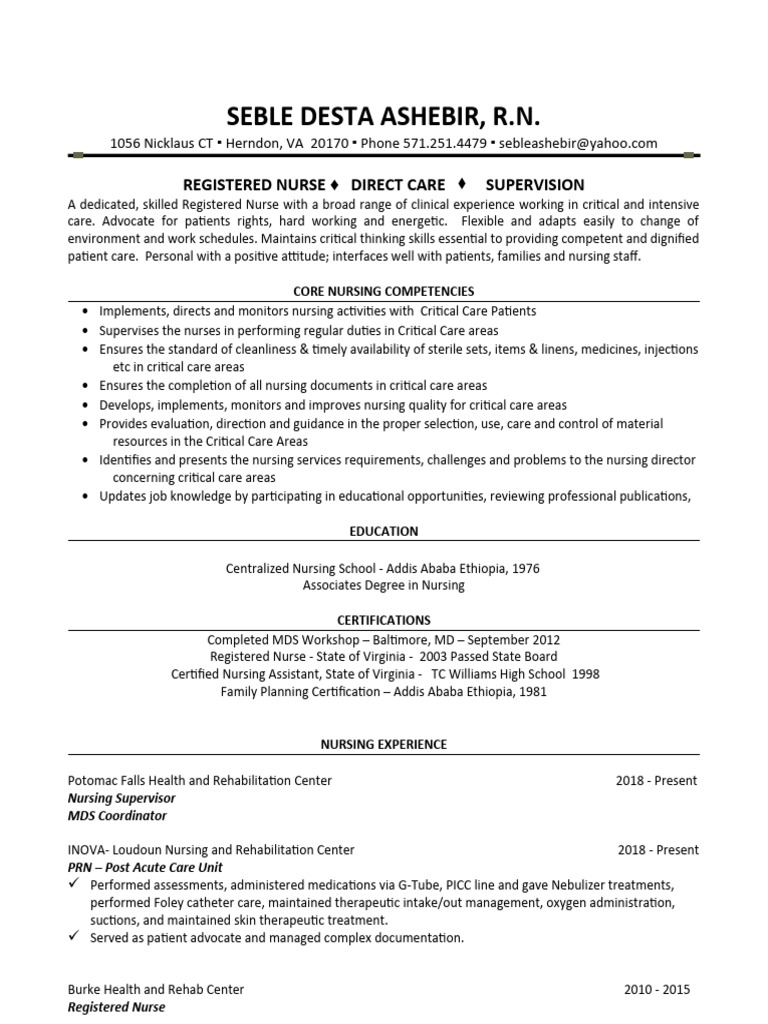 Seble Desta Ashebir Resume | PDF | Nursing | Intensive Care Medicine