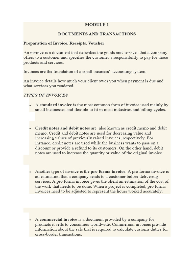 Module 1 - Documents and Transactions | PDF | Invoice | Voucher