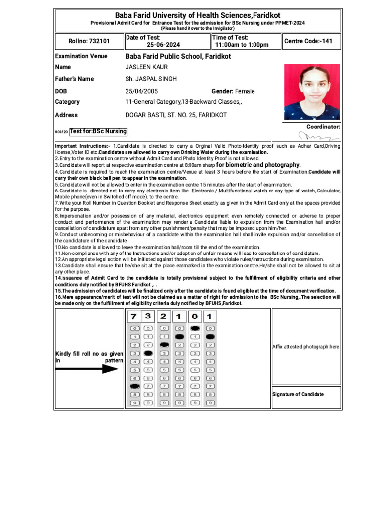 BSc Nursing Admit Card PPMET 2024 | PDF