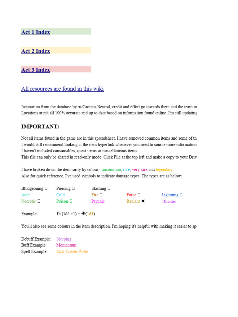 BG3 Item Index Cheat Sheet | PDF