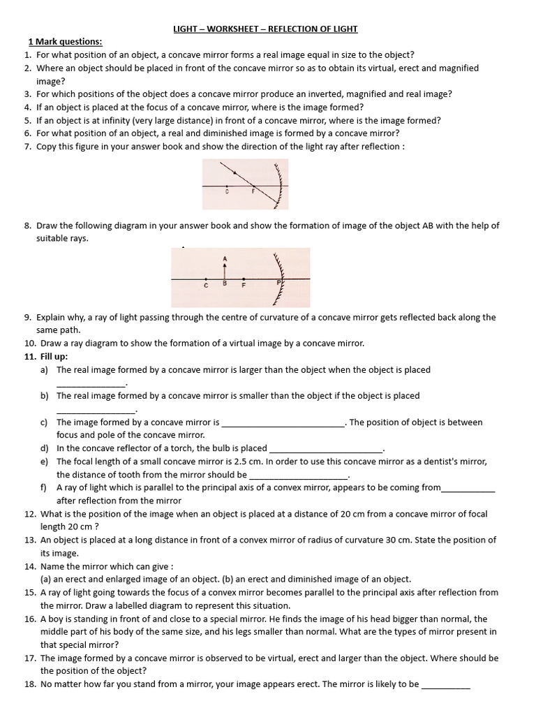 Reflection of Light Worksheet | PDF | Mirror | Electromagnetic Radiation