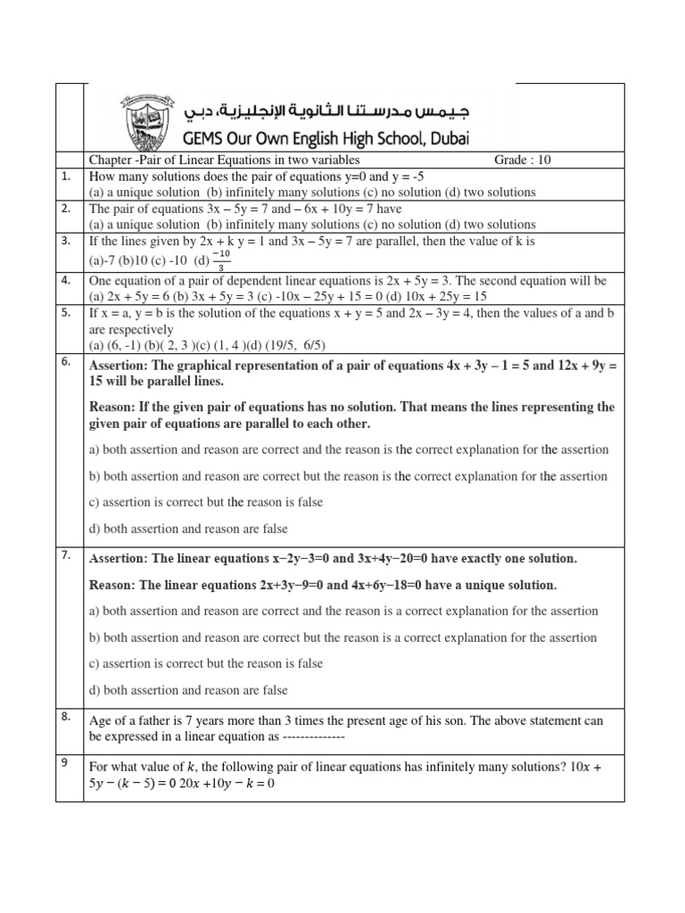 Grade 10 Linear Equations Quiz | PDF | Equations | System Of Linear ...