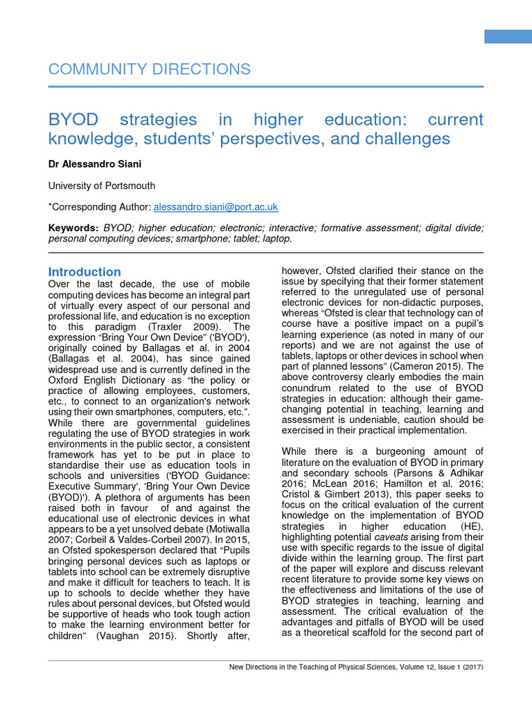 Siani - 2017 - ByOD Strategies in Higher Education Current Knowl | PDF | Educational Technology ...