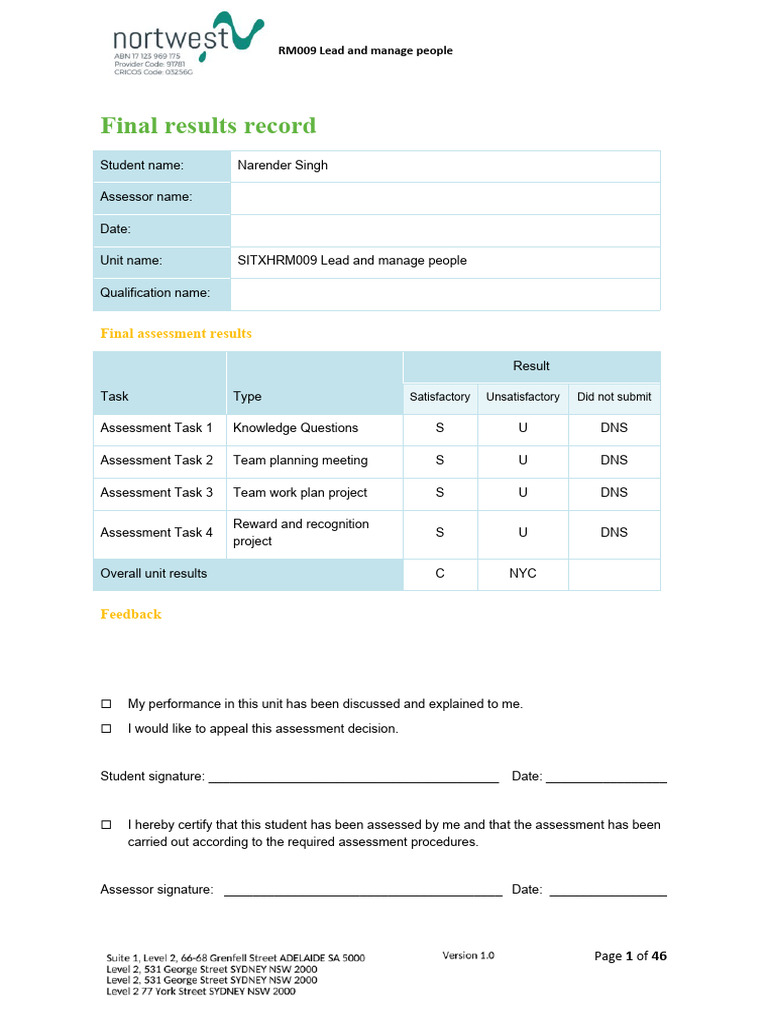 SITXHRM009 Student Assessment Tasks Version 1.0 | PDF | Leadership ...
