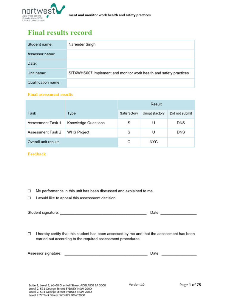SITXWHS007 Student Assessment Tasks Version 1.0 | PDF | Occupational ...