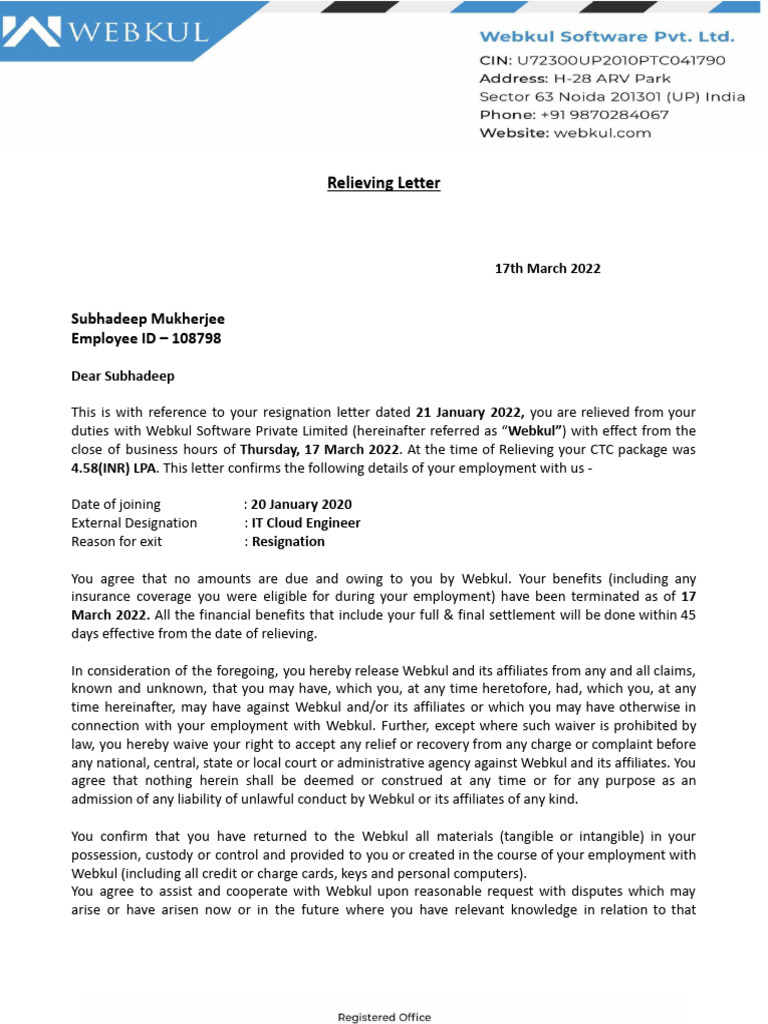 Relieving Letter Subhadeep | Download Free PDF | Employment | Civil Law ...