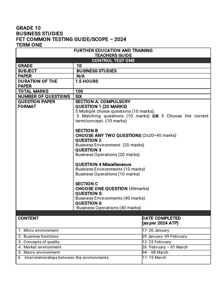 Grade 10 Business Studies Guide | PDF