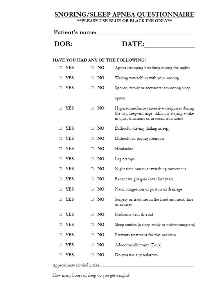 Snoring Questionnaire Ent | PDF | Snoring | Sleep