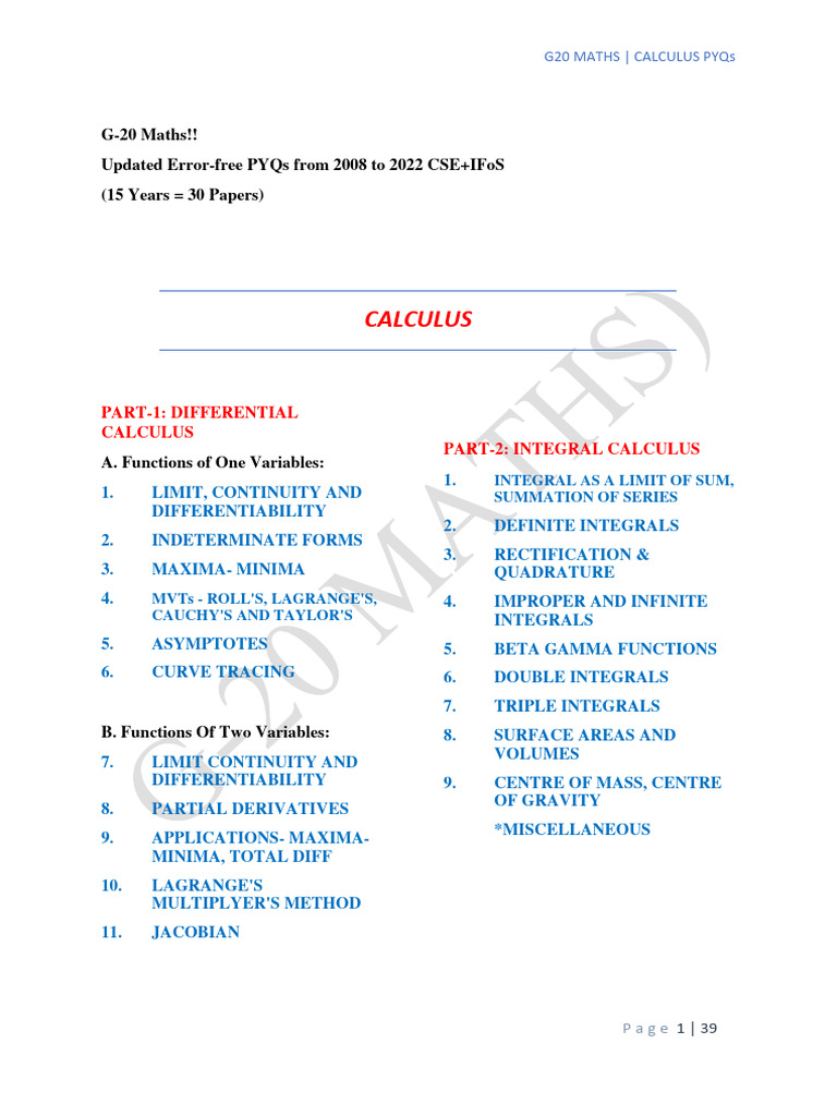 1-2 Calculus Pyqs Chapterwise 2022 | PDF | Integral | Calculus