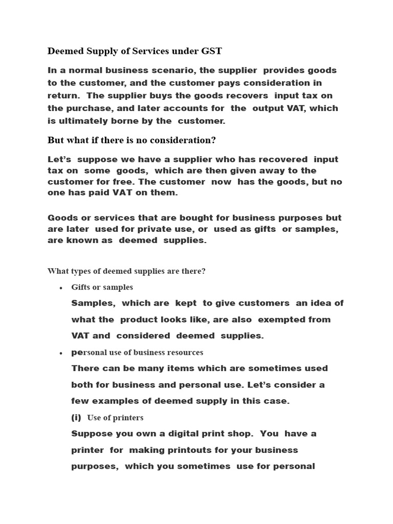 Deemed Supply of Services | PDF | Value Added Tax | Taxes
