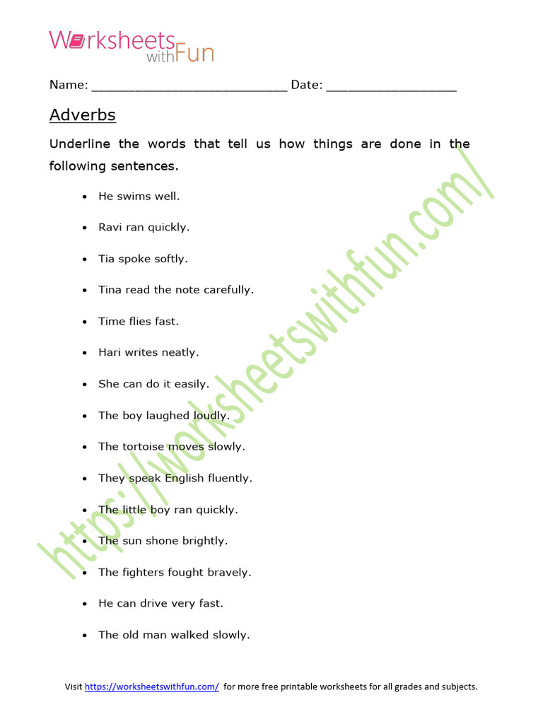 Adverbs Worksheet: Underline Activity | PDF | Language Arts & Discipline