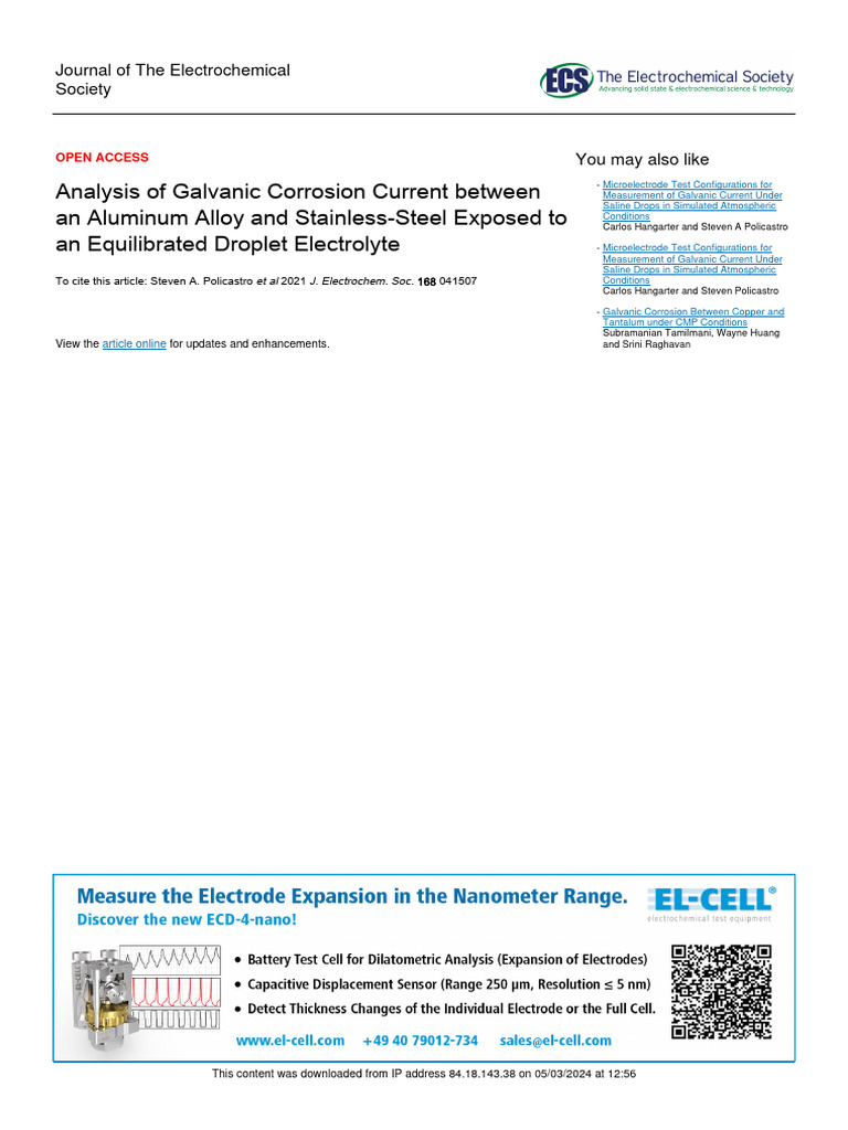 Analysis of Galvanic Corrosion Current Between An Aluminum Alloy and Stainless-Steel Exposed To ...