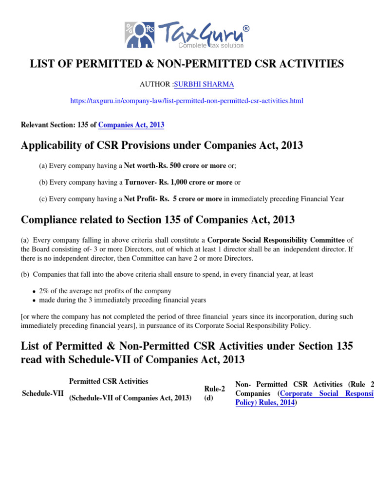 Permitted & Non-Permitted CSR Activities | PDF | Corporate Social ...