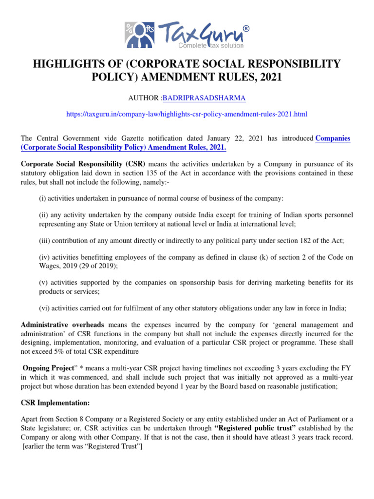 CSR Policy Amendment Rules 2021 Highlights | PDF | Corporate Social Responsibility | Government