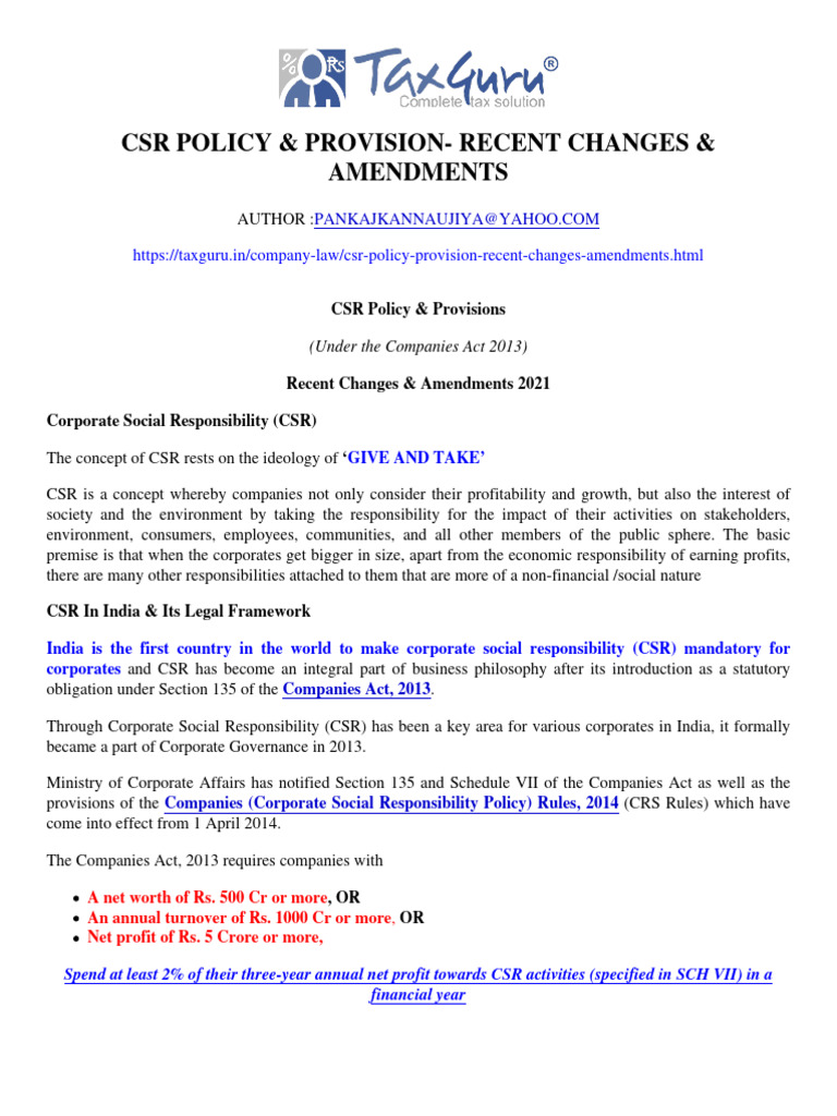 CSR Policy & Provision - Recent Changes & Amendments - Taxguru - in ...