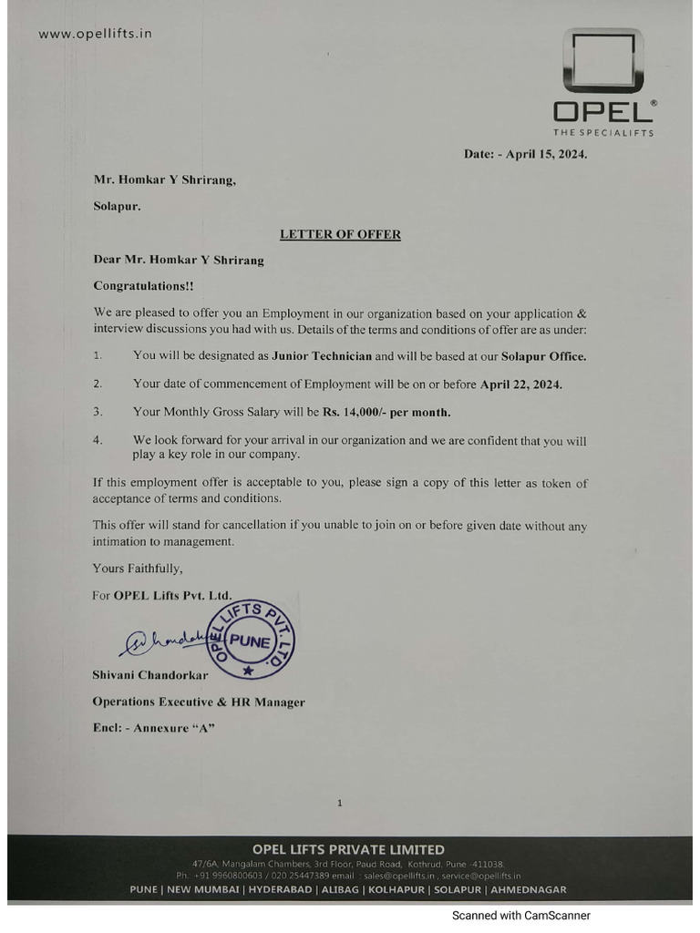 Homkar Shrirang - Offer Letter - Opel Lifts PVT LTD - Solapur Branch ...