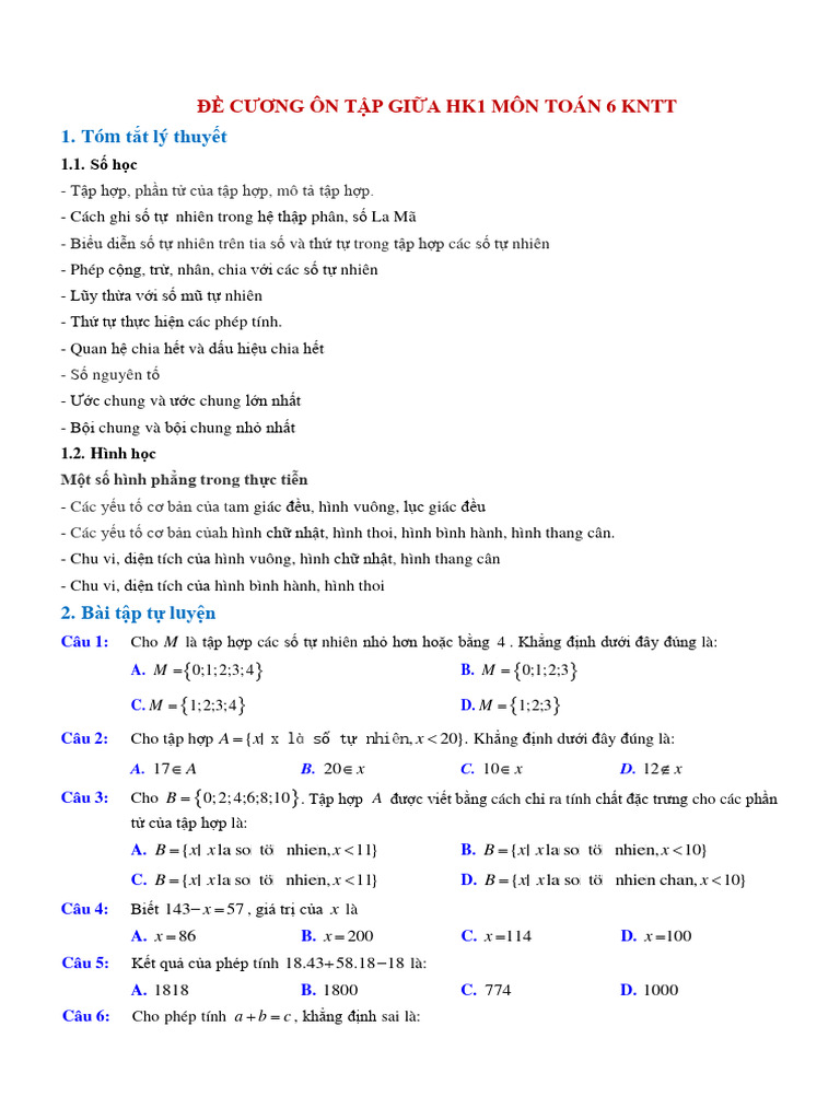 De Cuong On Tap Giua Ki 1 Toan 6 KNTT | PDF