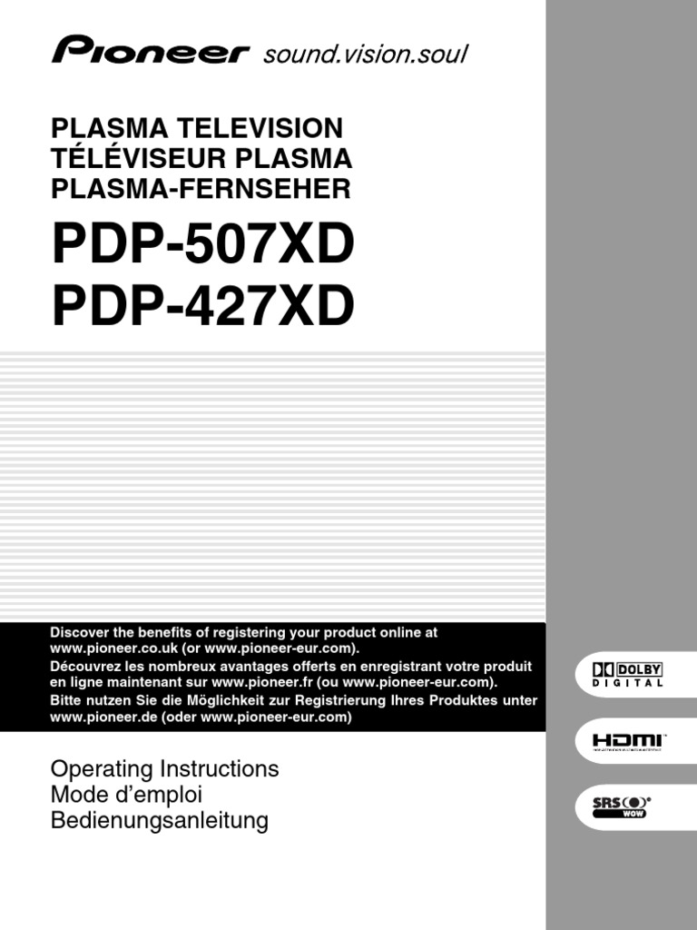 PDP-507XD PDP-427XD: Plasma Television Téléviseur Plasma Plasma-Fernseher | PDF | Ac Power Plugs ...