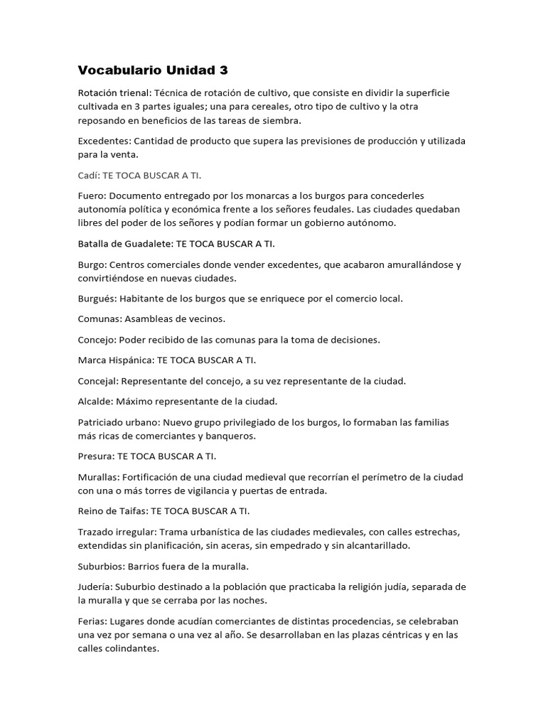 Vocabulario Clave de la Unidad 3 | PDF | Edades medias | Agricultura