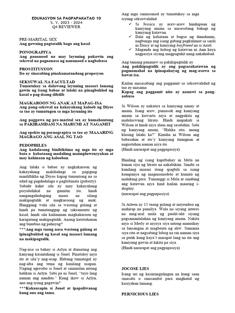 REVIEWER 4th Quarter Test G10 - 2023 2024 | PDF