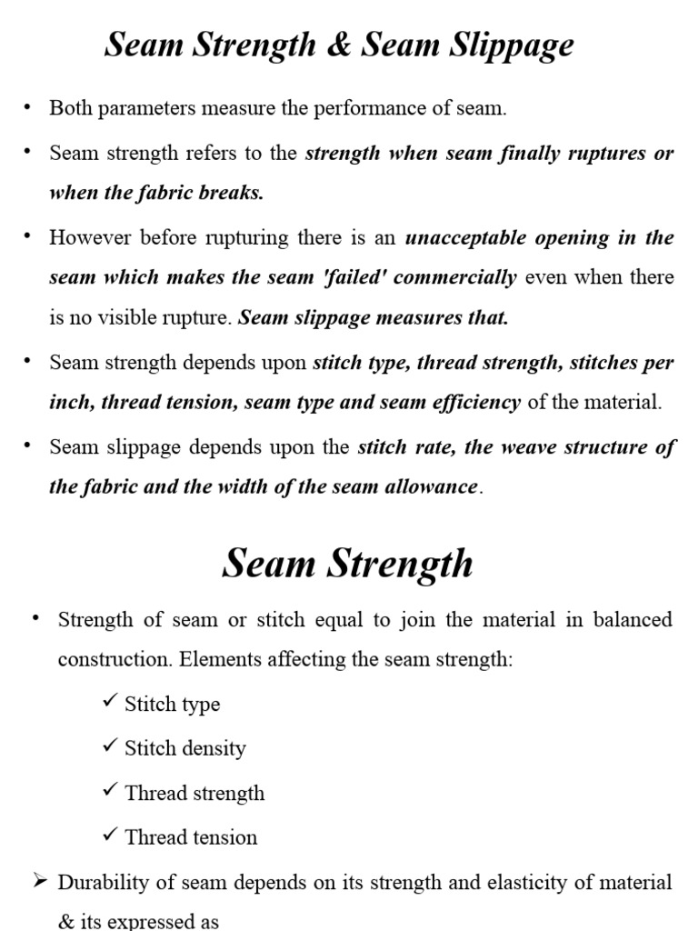 5.4. Seam Strength and Slipage | PDF | Seam (Sewing) | Yarn