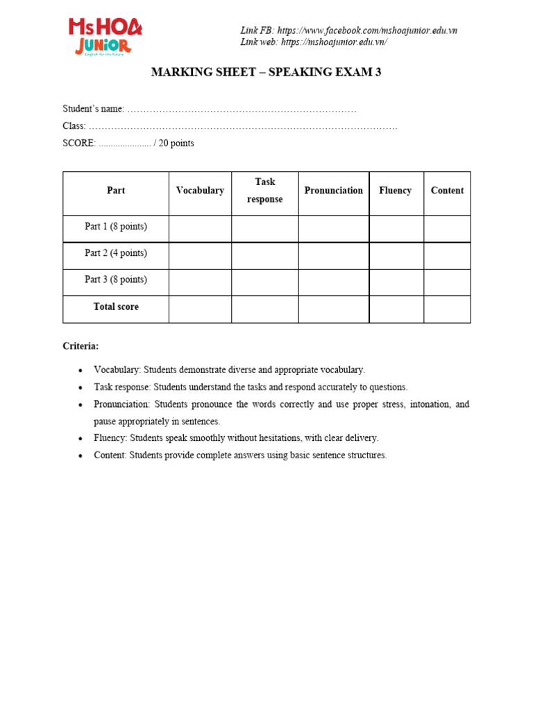 Marking Sheet - Speaking Exam 3 Kiddie | PDF | Career & Growth