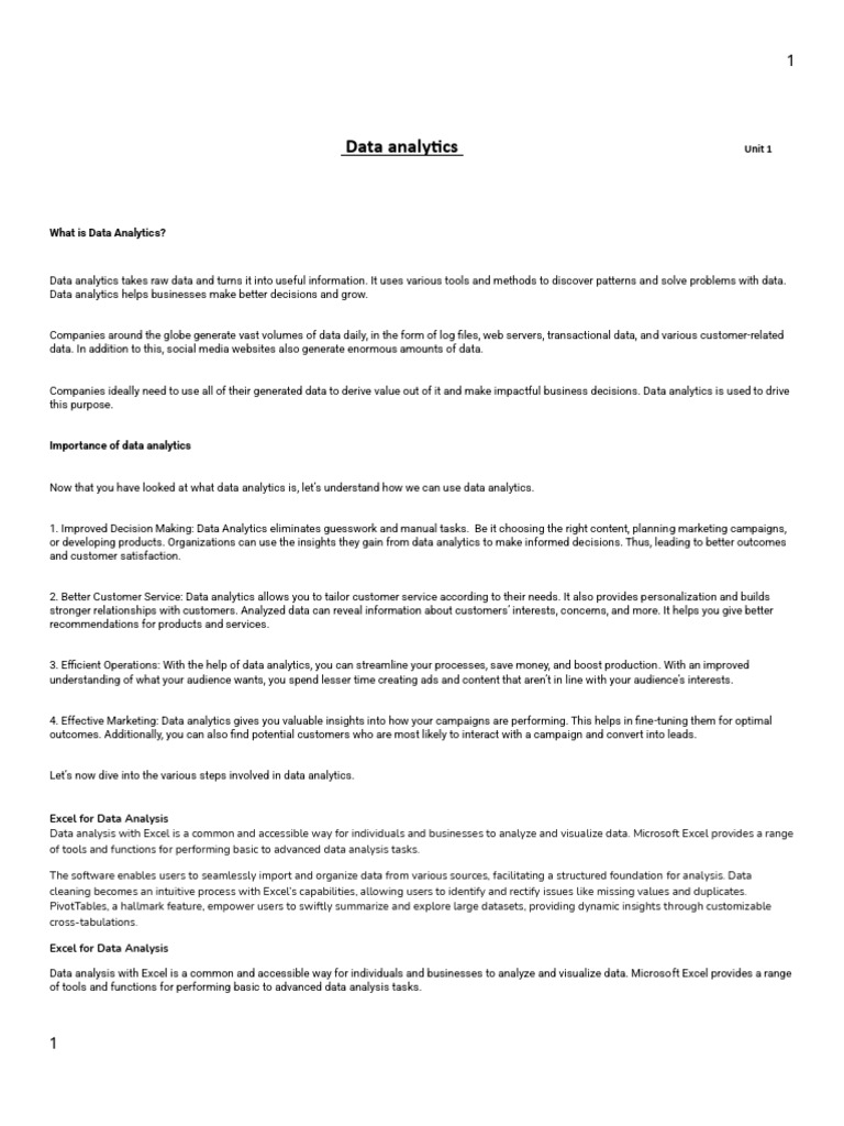 Data Analytics Unit 1 | PDF | Microsoft Excel | Analytics