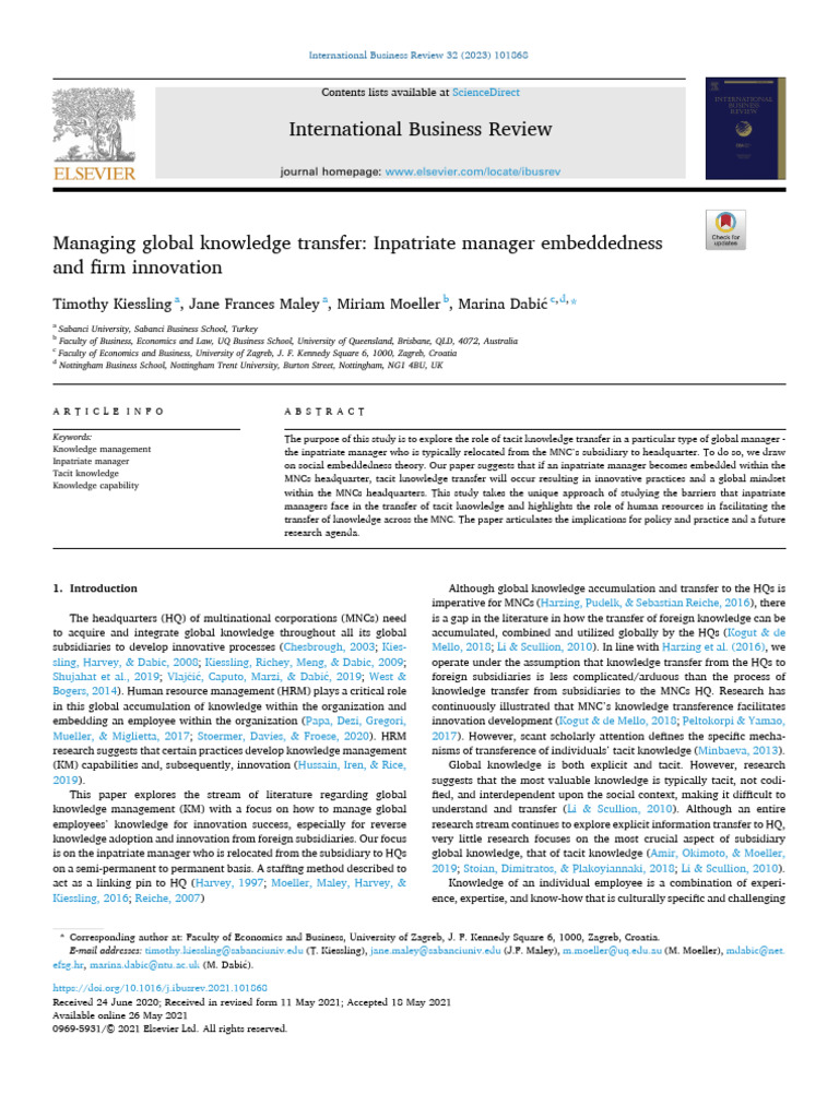 Managing Global Knowledge Transfer Inpatriate Manage - 2023 ...