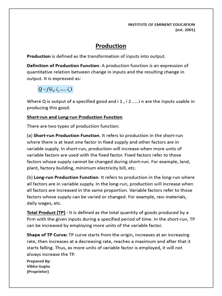 Production | PDF | Long Run And Short Run | Production Function