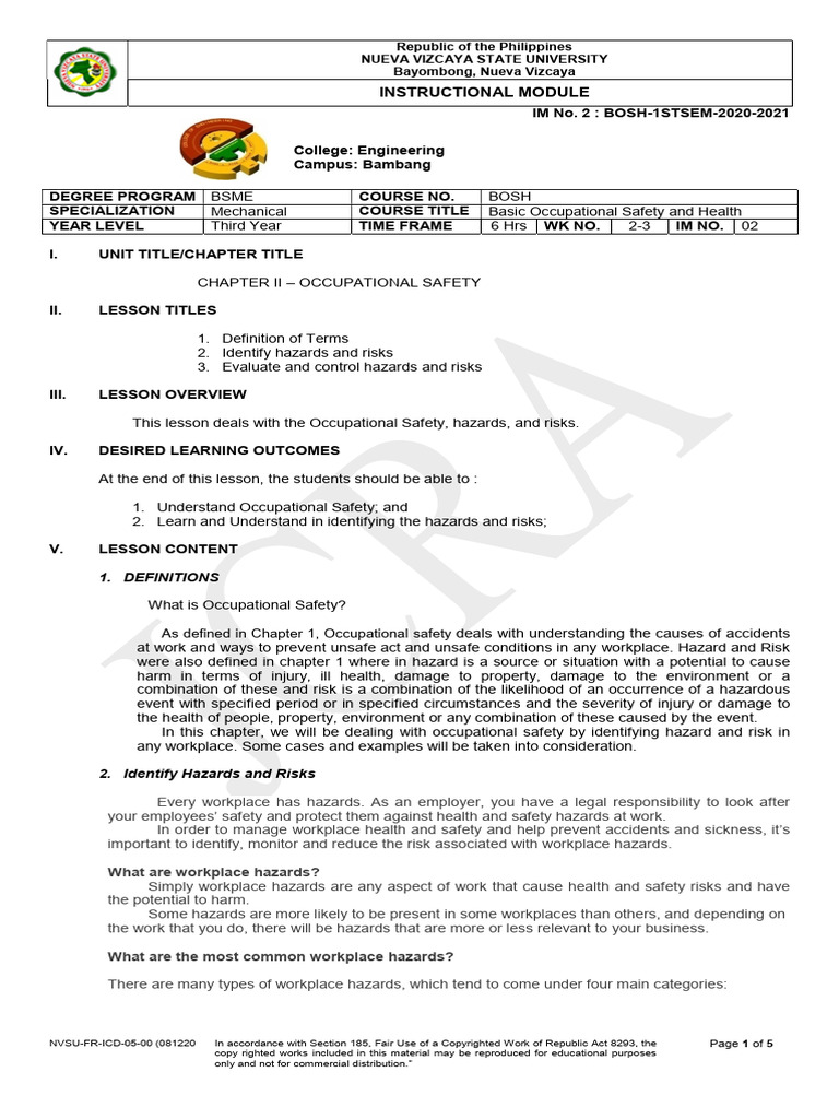 Bosh Module 2 Pdf Hazards Occupational Safety And Health