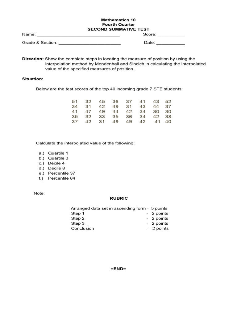 Q4-Summative-Test-Math-10 | PDF | Quantile | Percentile