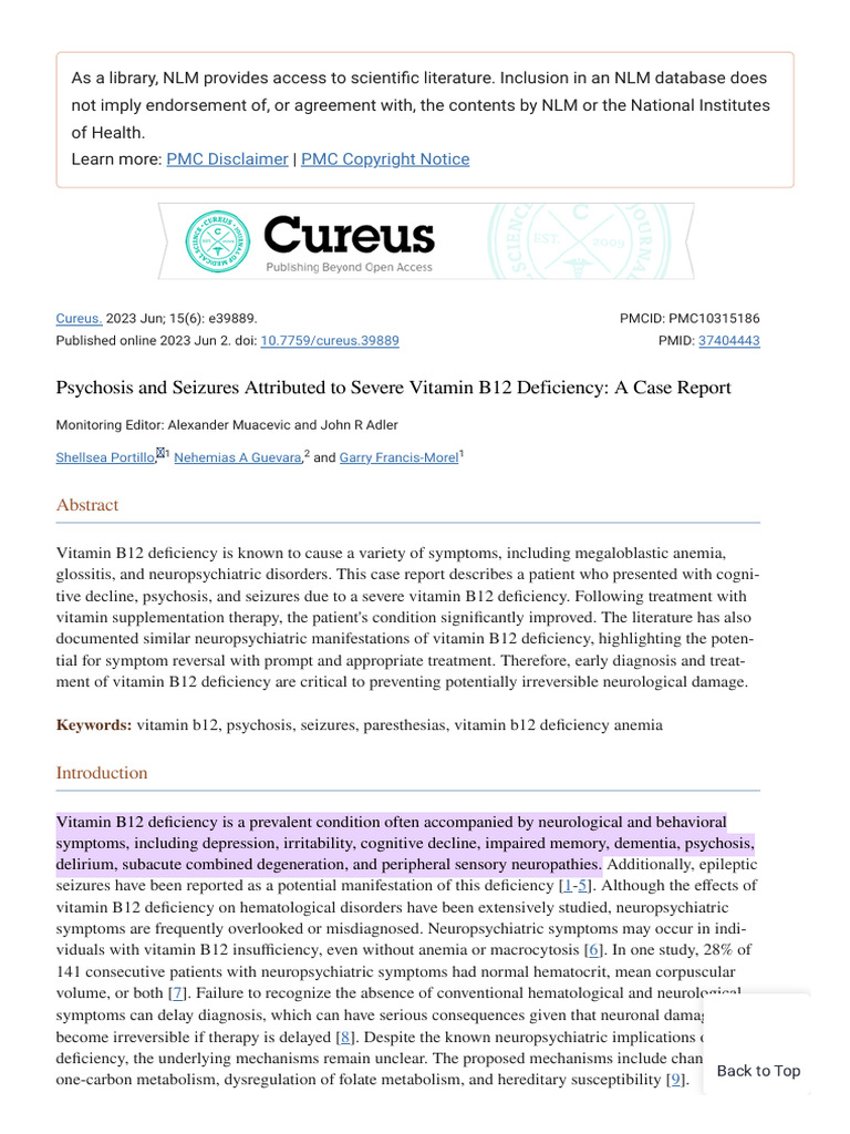 Psychosis and Seizures Attributed To Severe Vitamin B12 Deficiency - A ...