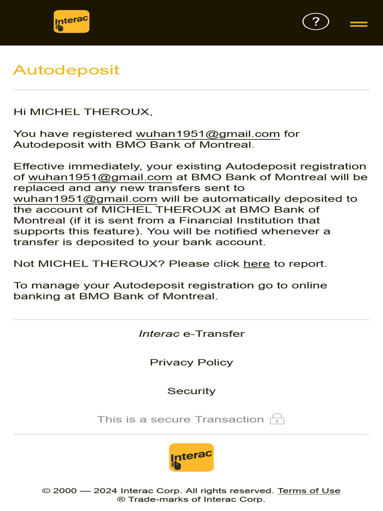 BMO Autodeposit Registration Confirmation | PDF