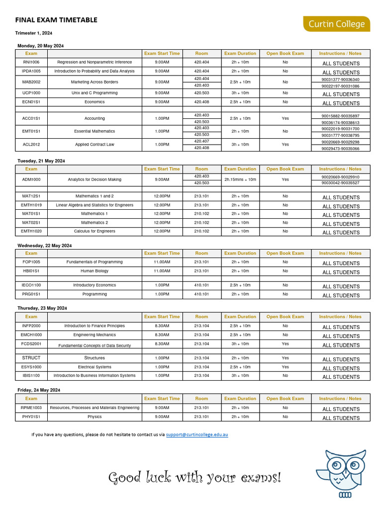 FINAL Exam Timetable 202401 | PDF | Mathematics | Statistics