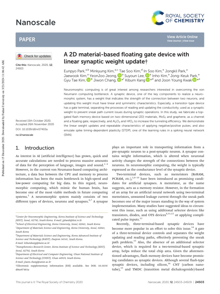 A 2D Material-Based Floating Gate Device With Linear Synaptic Weight Update | PDF | Field Effect ...